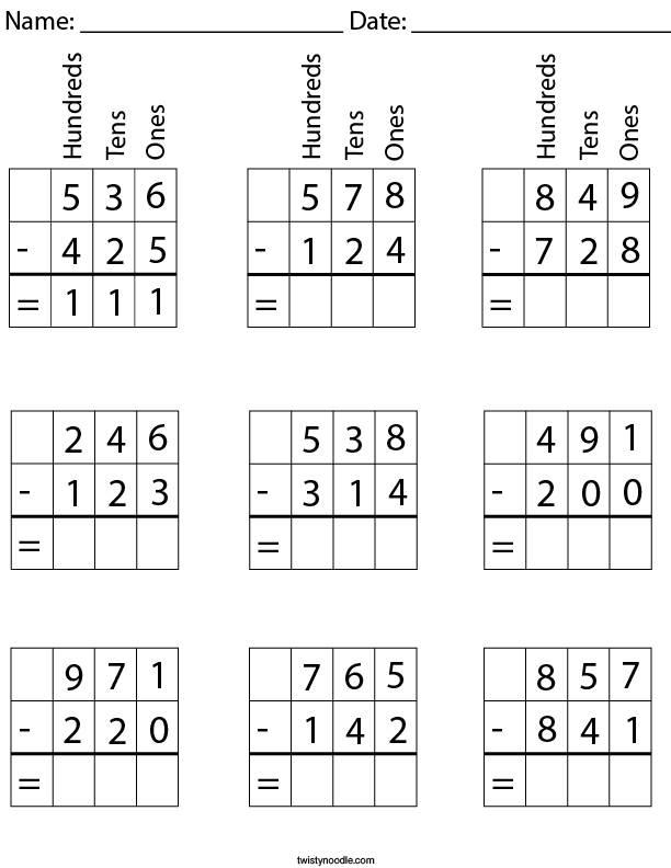 3 Digit Subtraction With Place Value Math Worksheet Twisty Noodle 3 Digit Subtraction With Place Value Math Worksheet Twisty Noodle